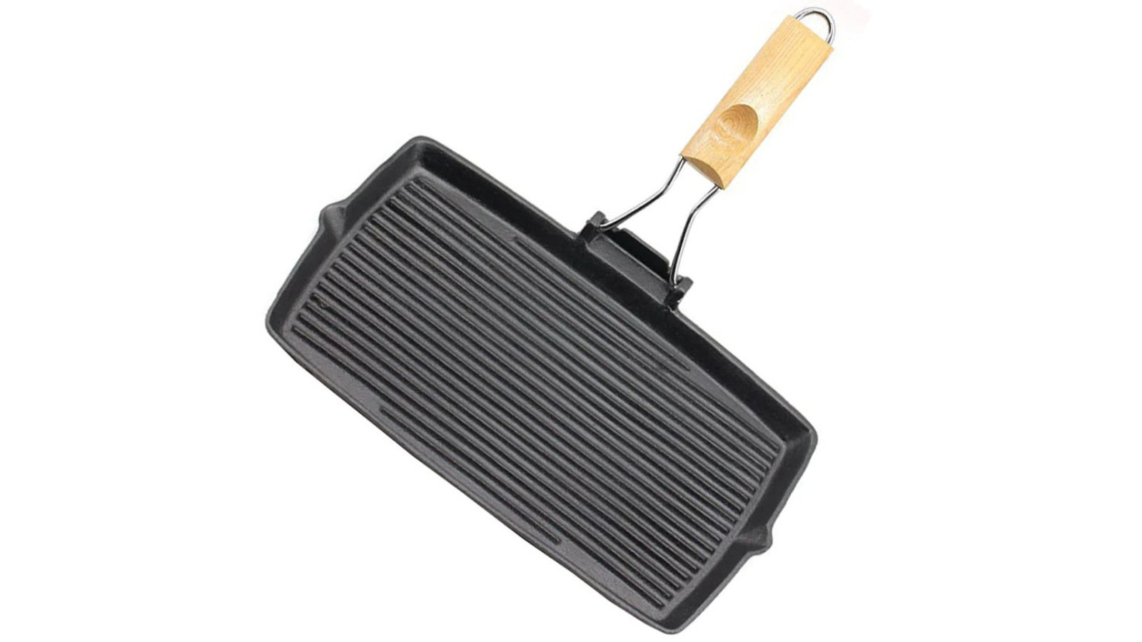 Soga 20.5cm Rectangular Cast Iron Grill Pan with Folding Wooden Handle ...