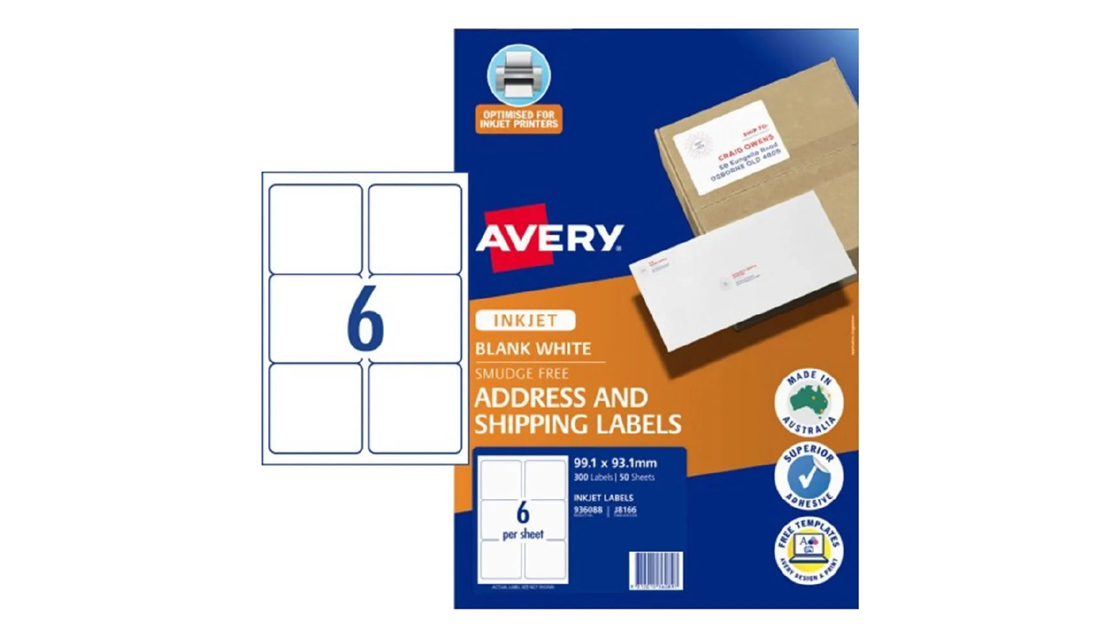 Avery J8166 White Shipping 6UP Labels Inkjet - 50 Sheets Pack | Harvey ...