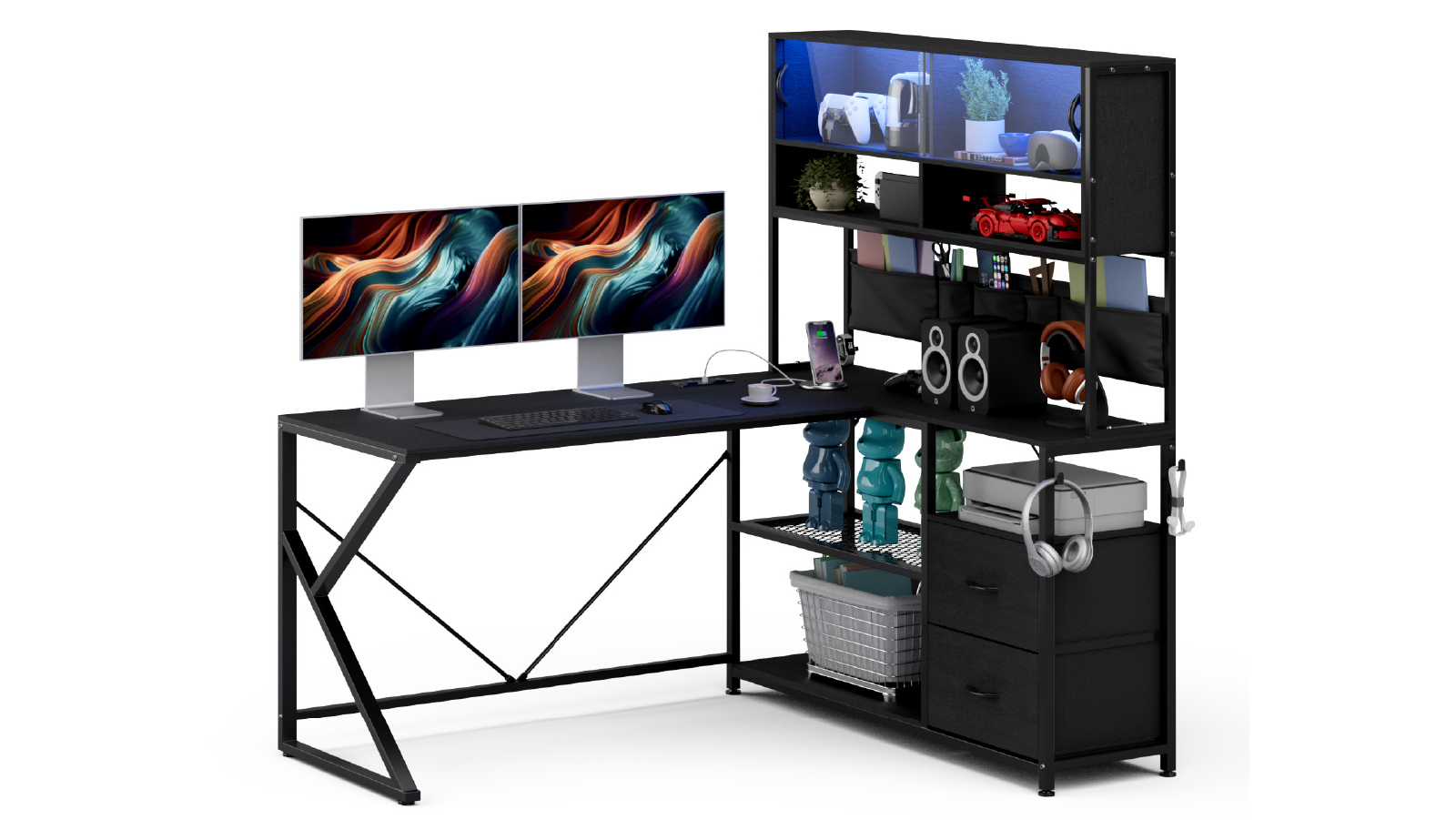 Advwin 130cm L Shaped Gaming Desk with 2 Fabric Drawers and Storage Bag ...