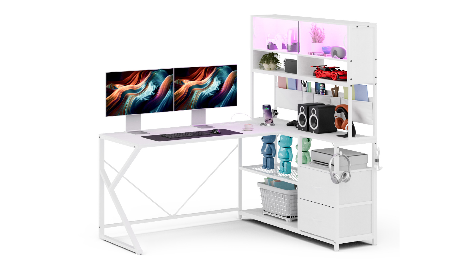 Advwin 130cm L Shaped Gaming Desk with 2 Fabric Drawers and Storage Bag ...