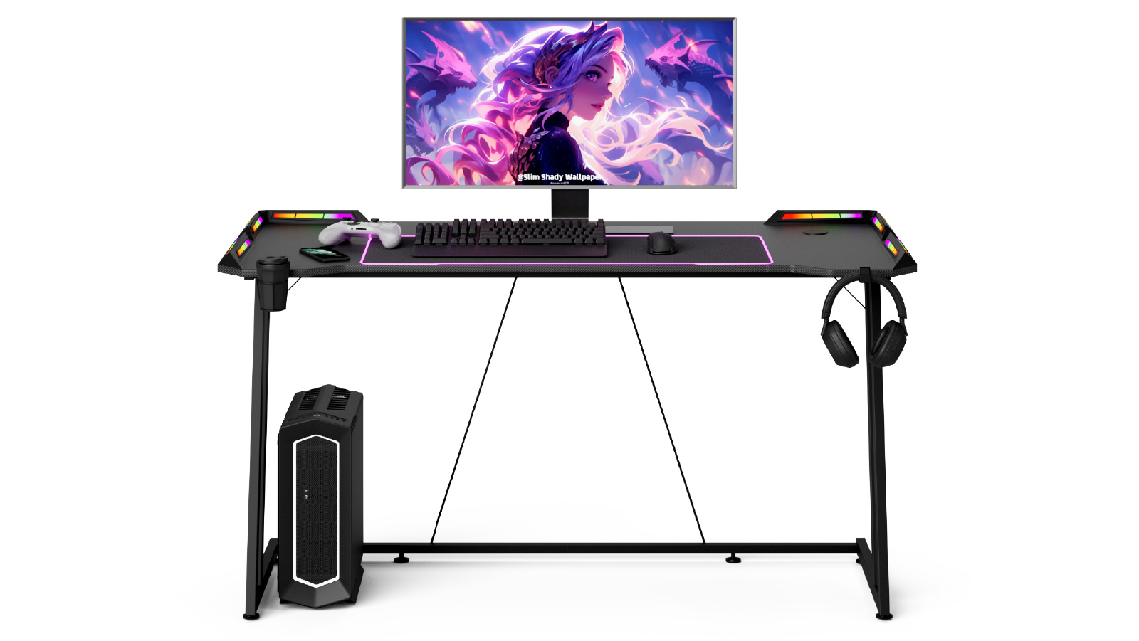 Advwin 140cm LED RGB Carbon Fiber Surface Computer Desk with Cup Holder ...