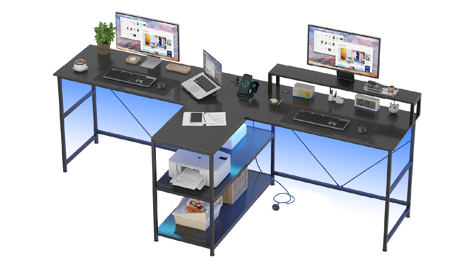 Advwin 2 Person Gaming Desk Long Office Computer Desk with LED Light ...