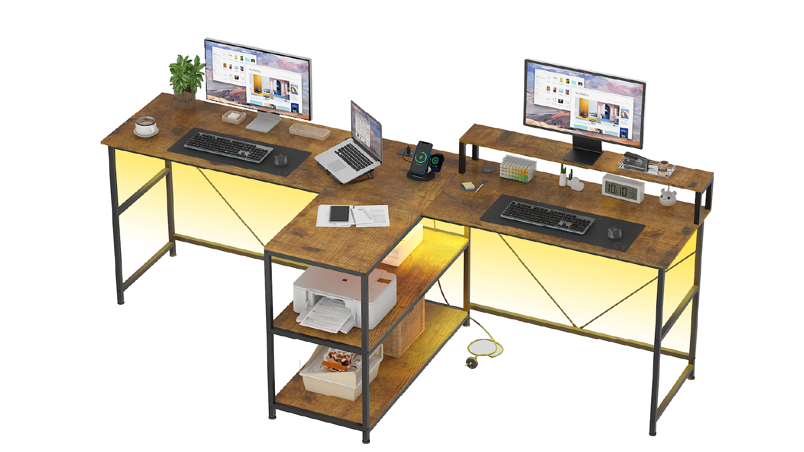 Advwin 2 Person Gaming Desk Long Office Computer Desk with LED Light ...