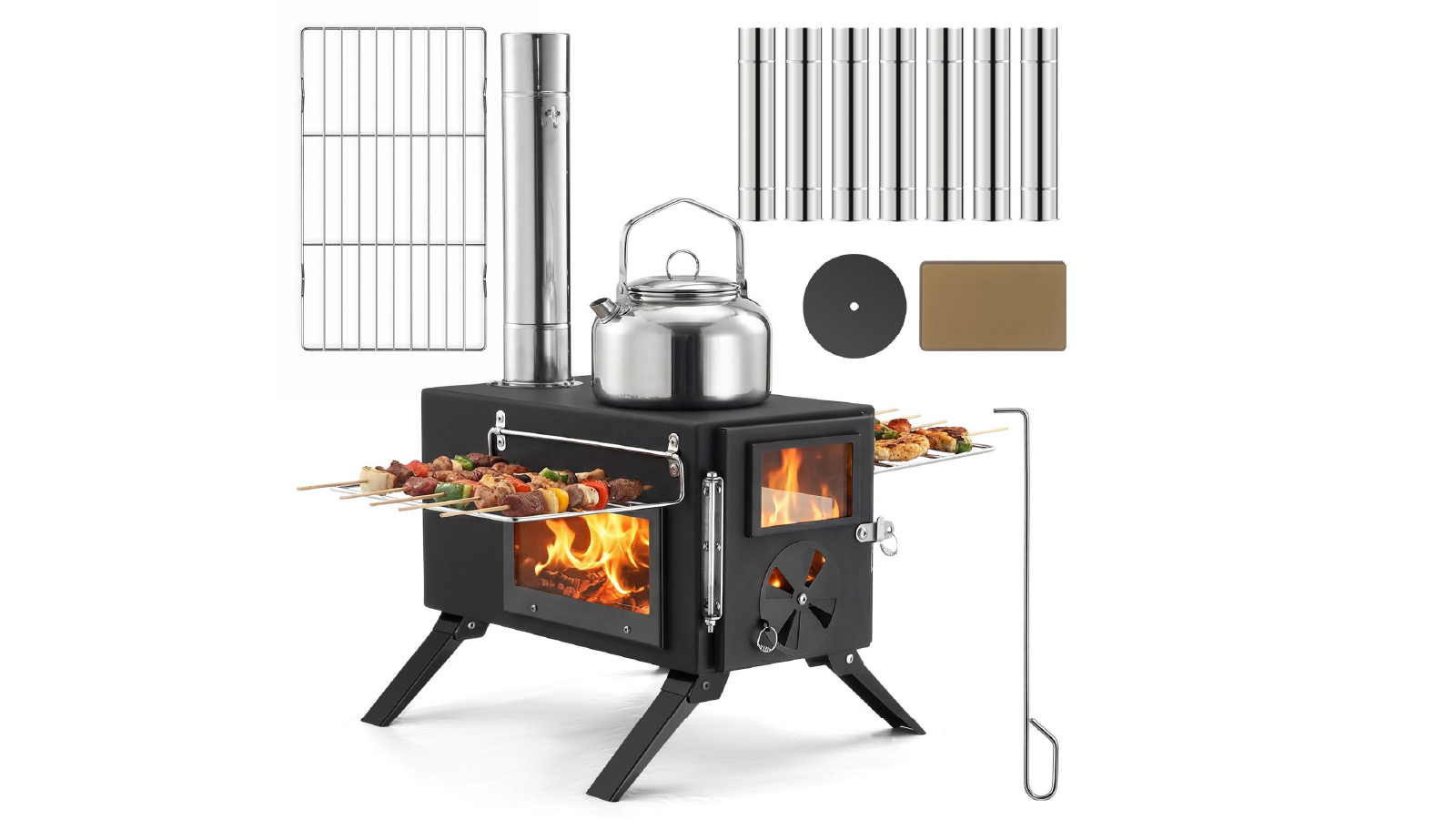Wood Burning Stove with 7 Chimney Pipes - Carbon Steel | Harvey Norman