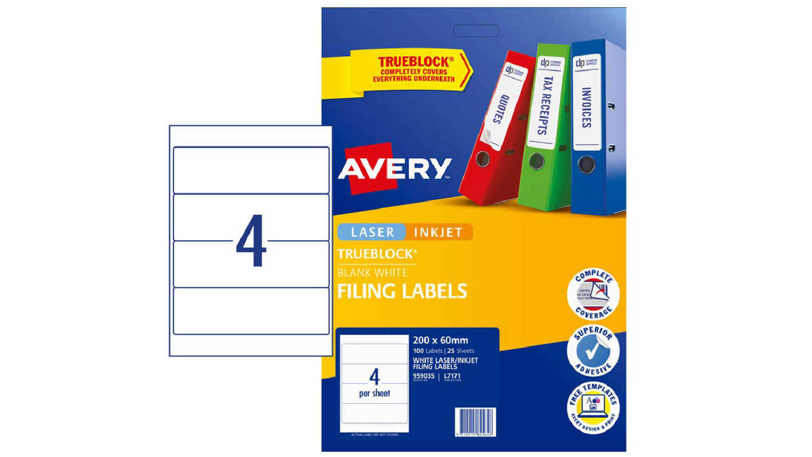 Latestbuy 25 Pack of Avery Lever Arch Laser Label - 4/sheet | Harvey Norman