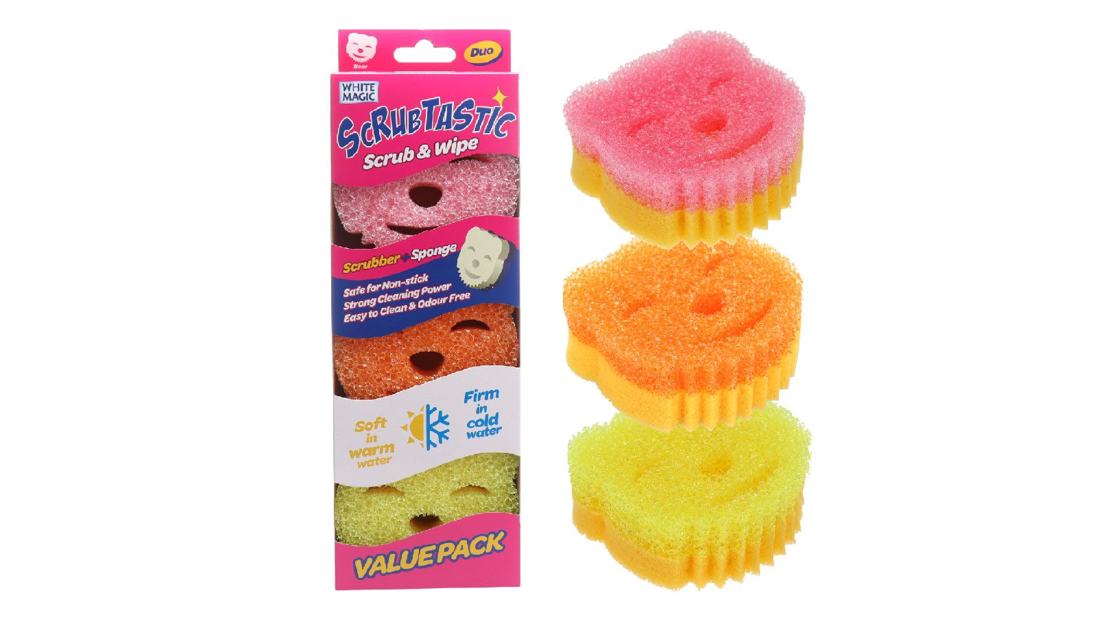 White Magic 3 Pack of Scrubtastic Scrub and Wipe Sponge Duo | Harvey Norman