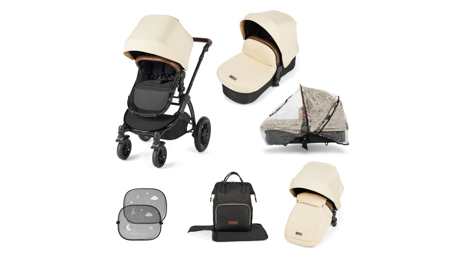 Ickle Bubba All-in-One Stomp V3 4-Wheel Pram - Black/Tan | Harvey Norman