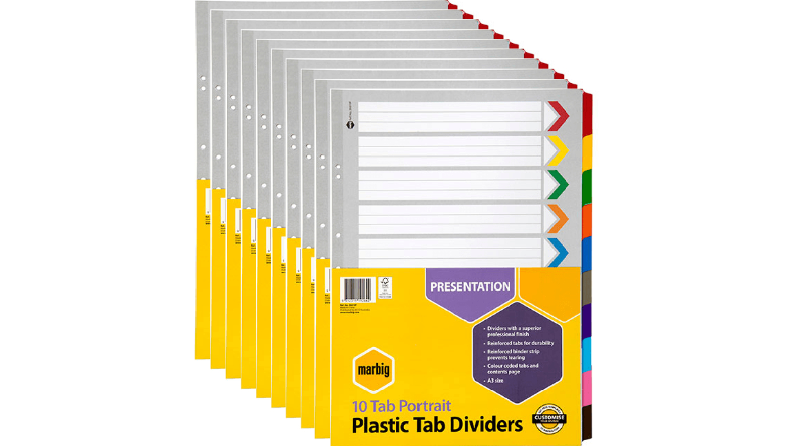 Marbig Pack of 10 Portrait Manilla Board 10-Tab Divider A3 Assorted ...