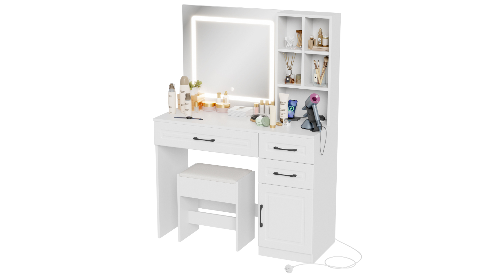 Advwin Dressing Table with Charging Station - White | Harvey Norman