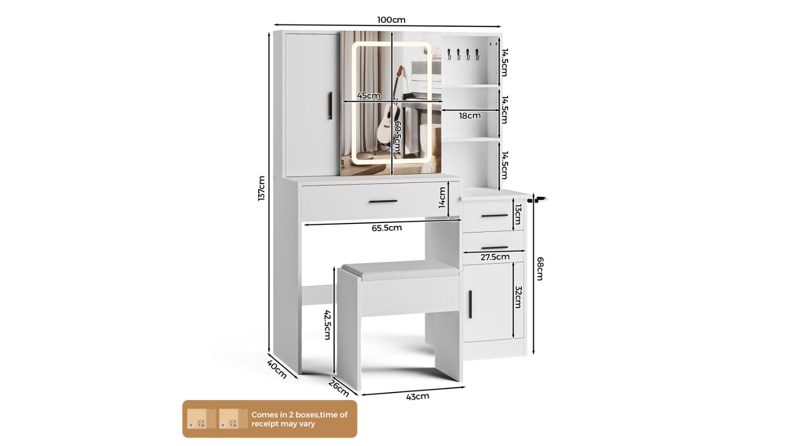 Advwin LED Light Dressing Table/Stool Set - White | Harvey Norman