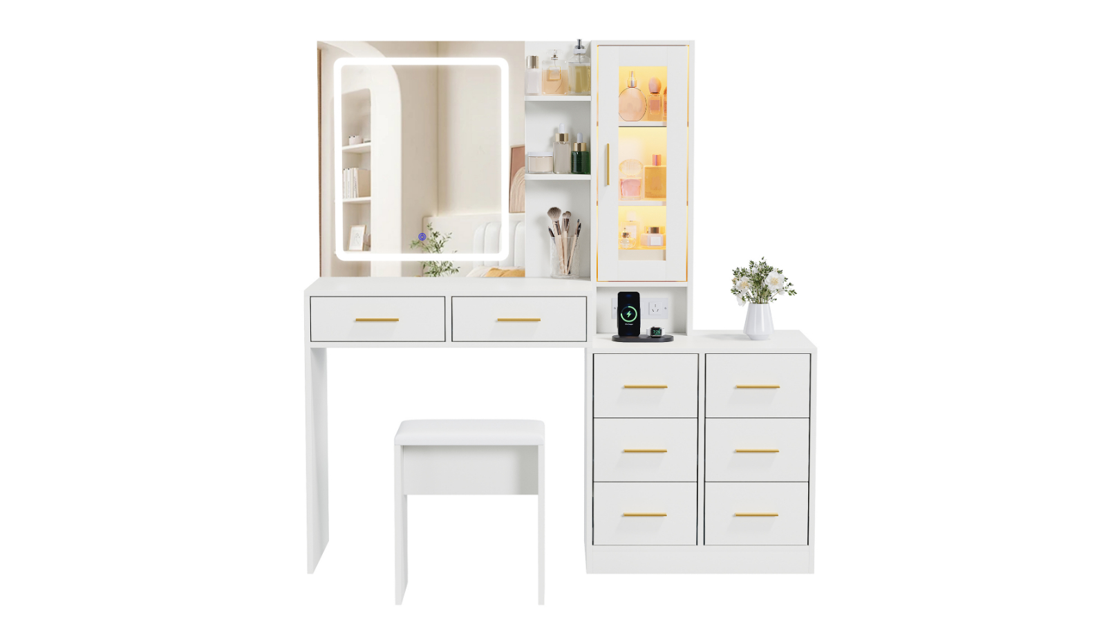 Advwin 8-Drawer Large Dressing Table Stool Set with LED Mirror - White ...