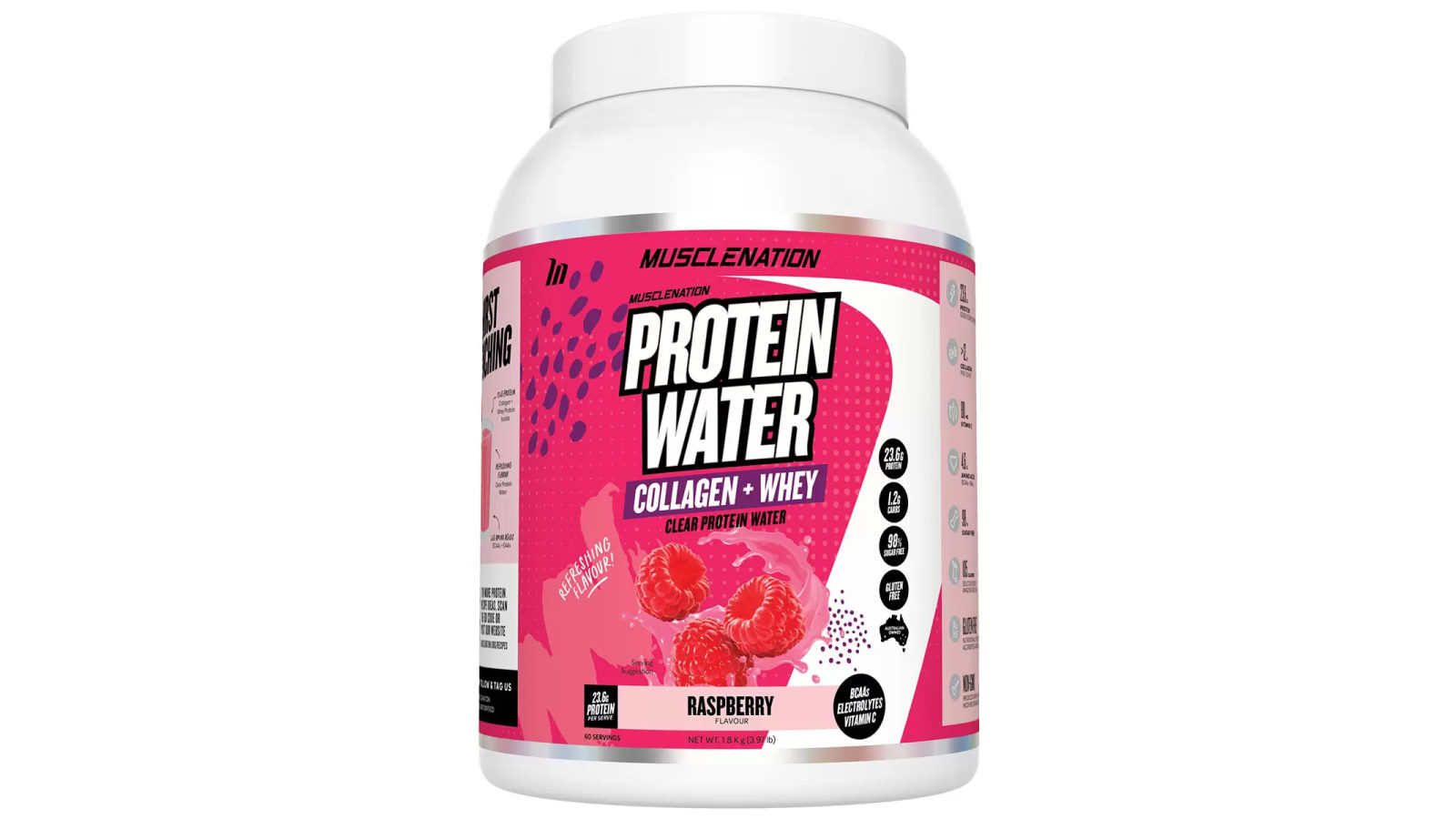 Muscle Nation 1.8kg Protein Water Raspberry Collagen Electrolytes BCAA ...