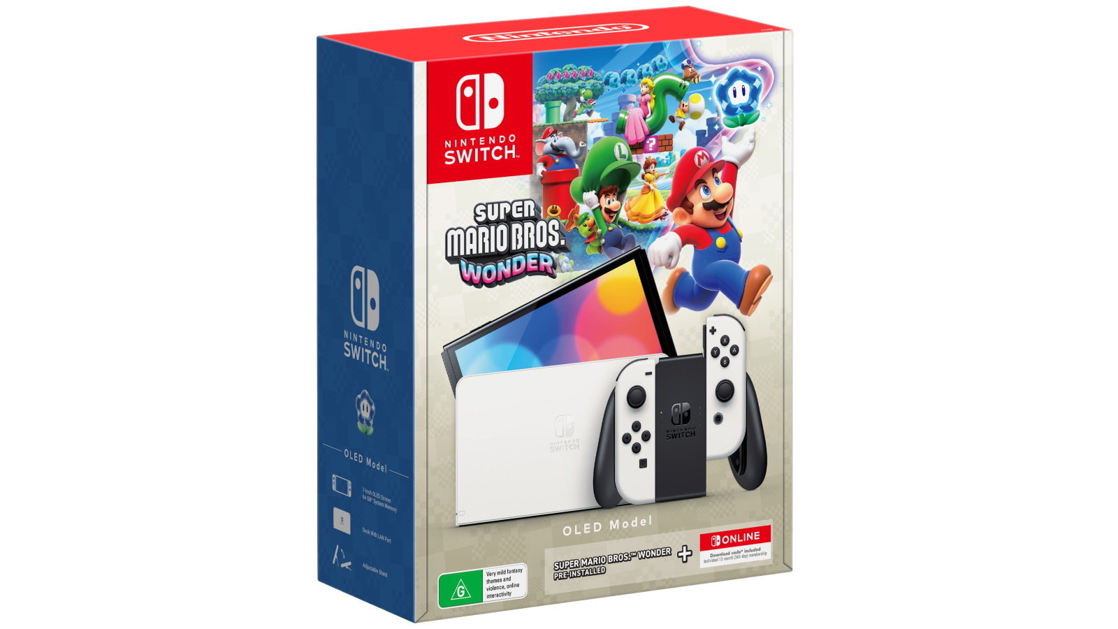 Nintendo Switch Console OLED Model White Super Mario Bros Wonder 12 Months Online Subscription Bundle Harvey Norman