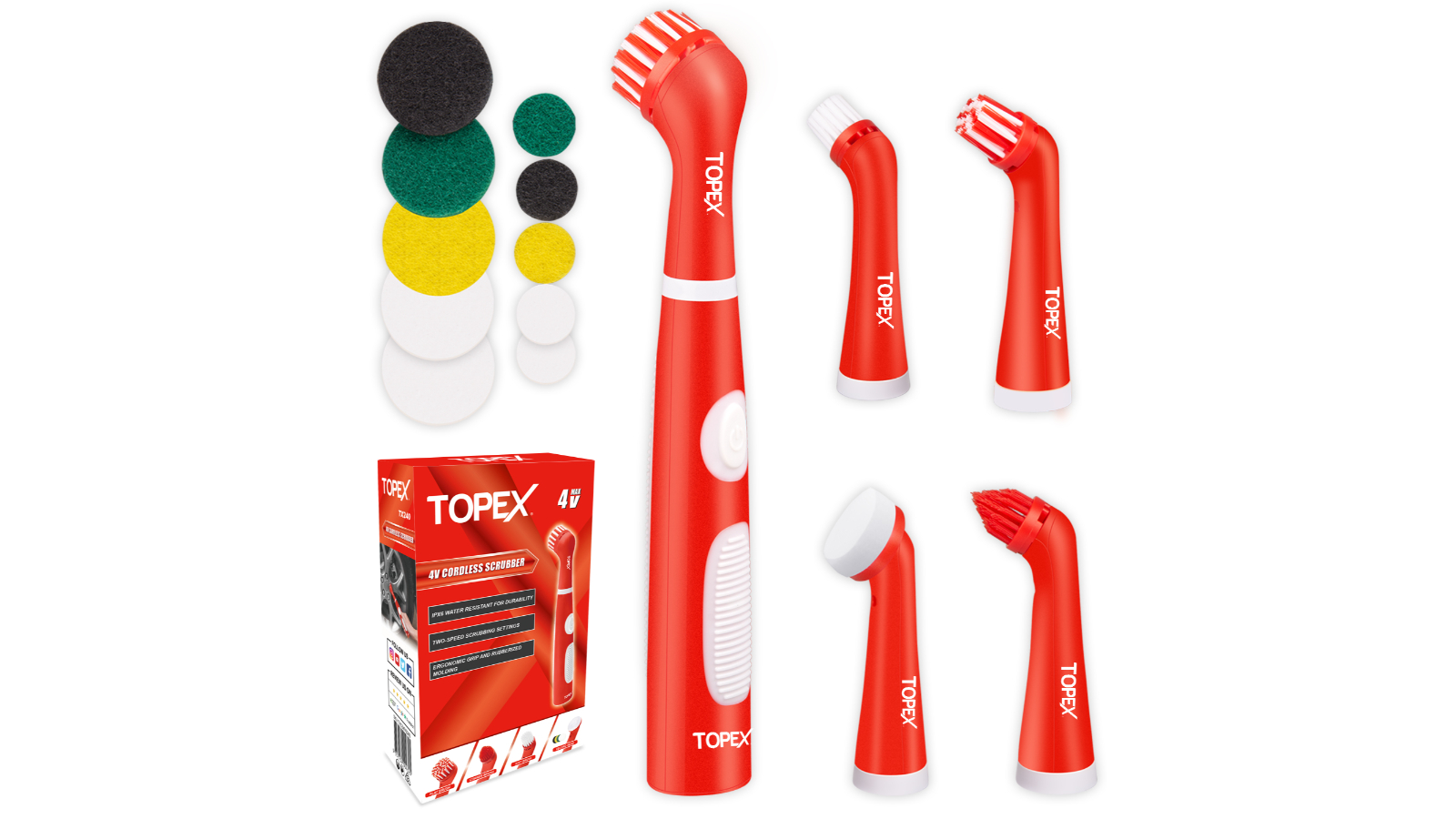 TOPEX 4V MAX Cordless Scrubber with 5 Replaceable Brush Heads Power ...
