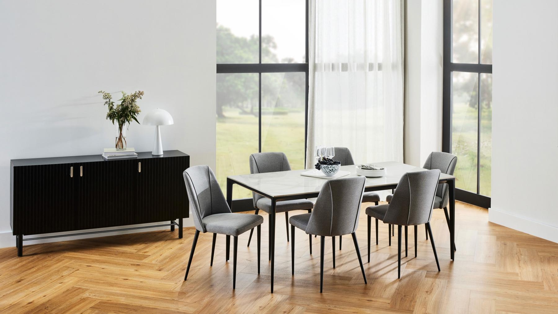 Cosmo 7-Piece Dining Setting with Grey Fabric Chairs | Harvey Norman