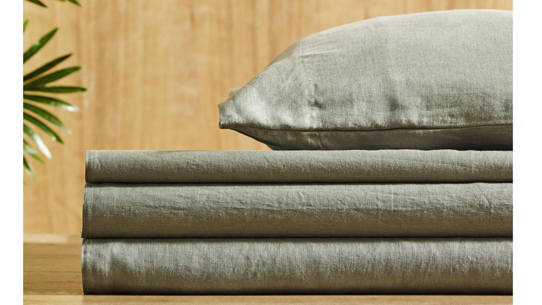 L'Avenue Pure Linen Olive Sheet Set - Queen | Harvey Norman