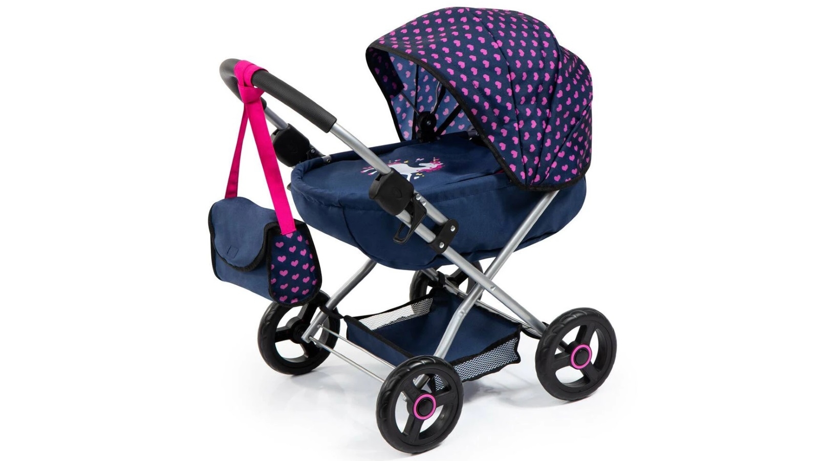 Bayer Cosy Doll Pram - Dark Blue with Pink Hearts | Harvey Norman