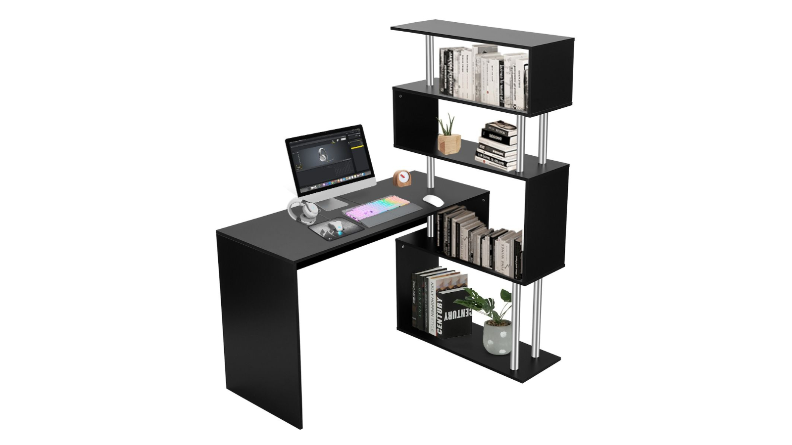 Home Office 4-Tier Computer Desk with Bookshelf Storage - Black ...