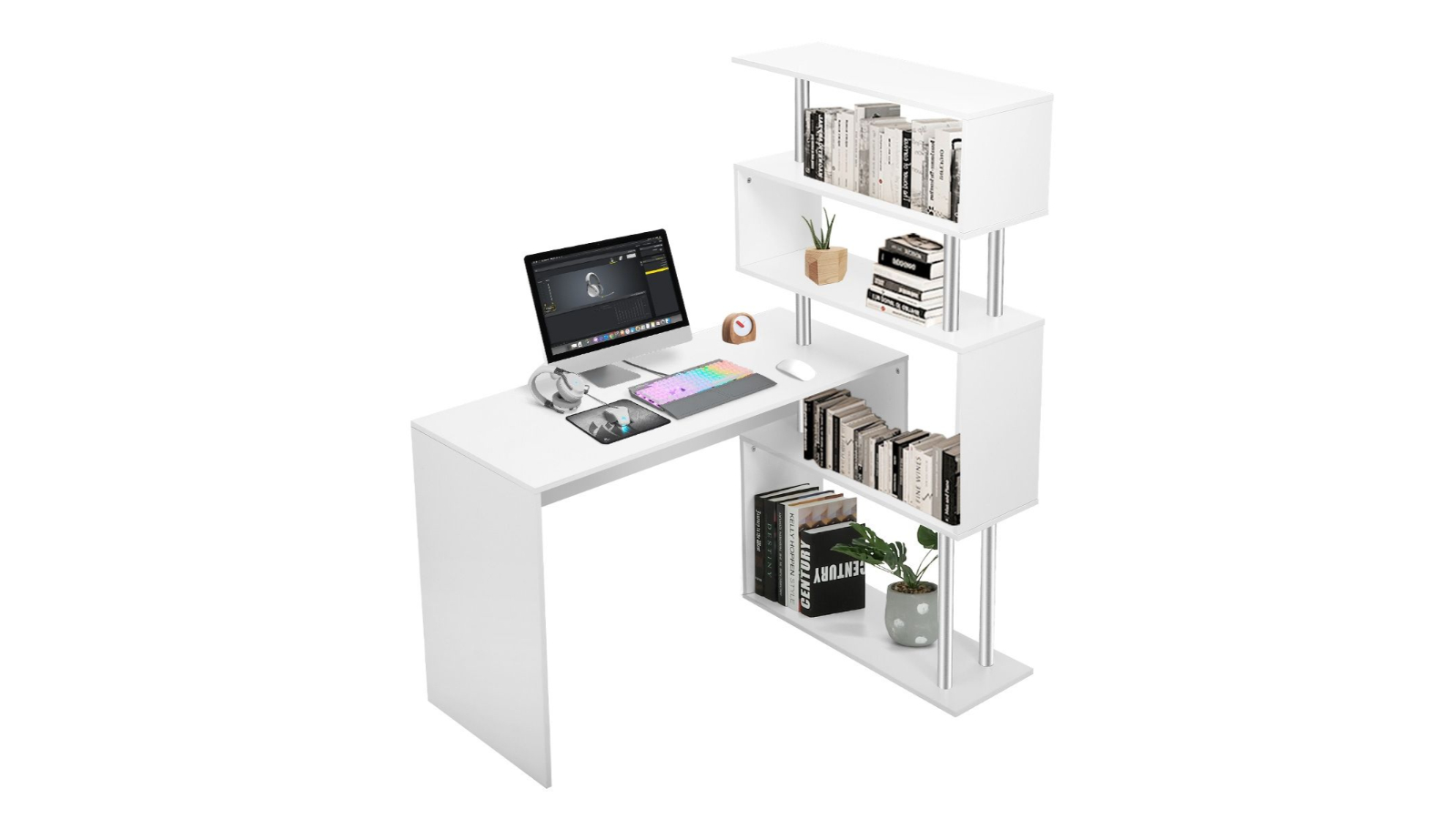 4-Tier L-Shaped Rotating Corner Home Office Computer Desk with Hutch ...