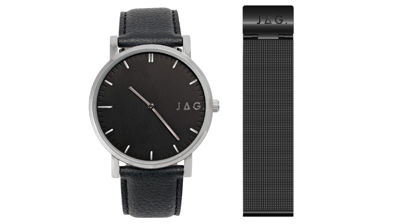 JAG 42mm Chadstone Mens Black Leather Watch and Black Mesh Strap Set ...