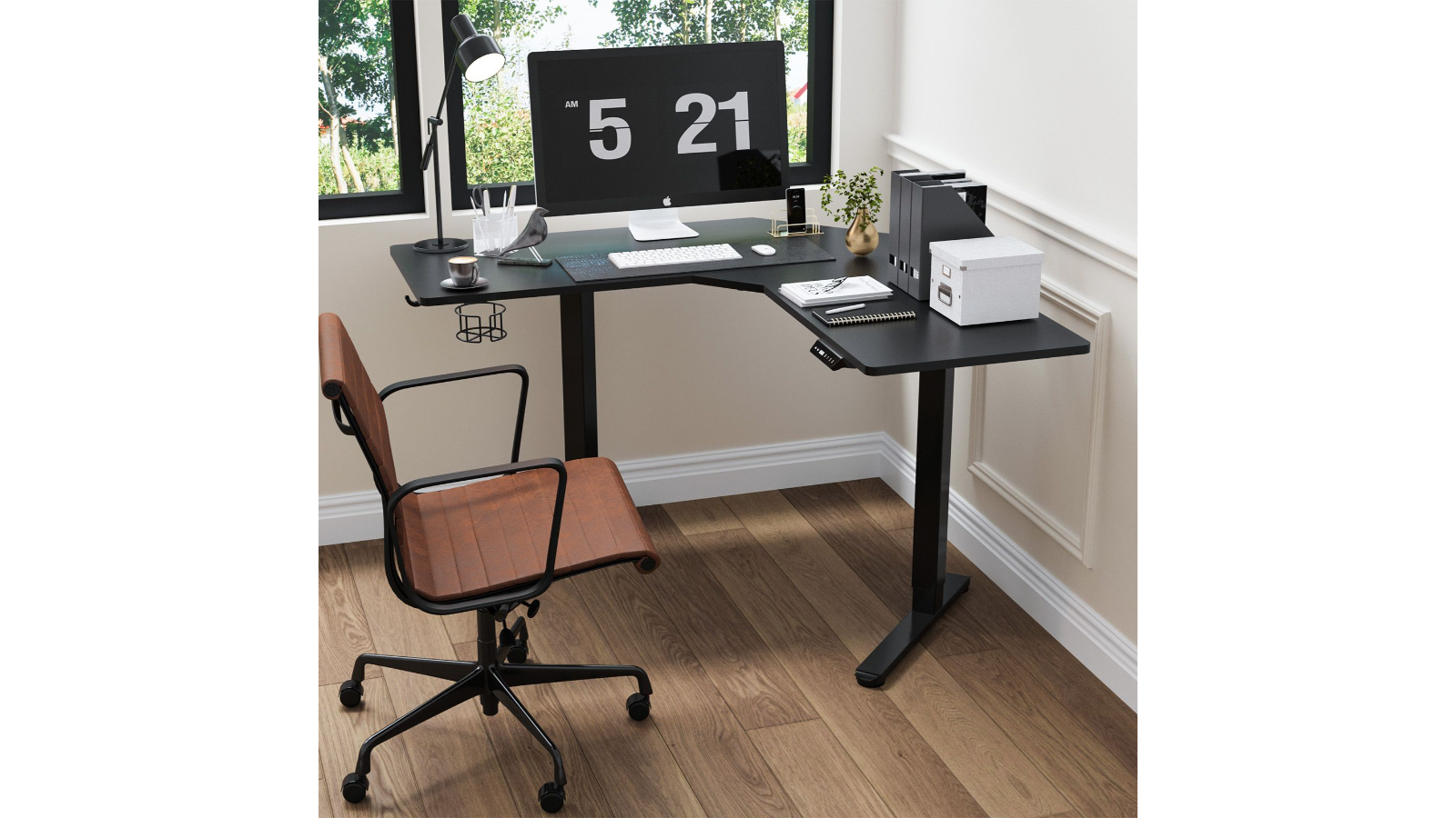 L-Shaped Height Adjustable Electric Motorised Corner Standing Computer ...