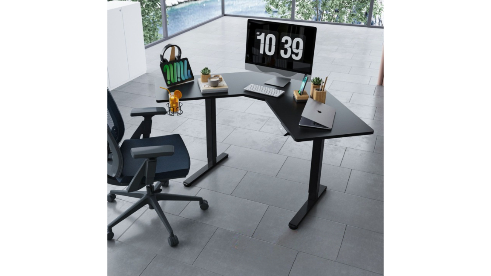 L-Shaped Height Adjustable Electric Motorised Corner Standing Computer Desk | Harvey Norman
