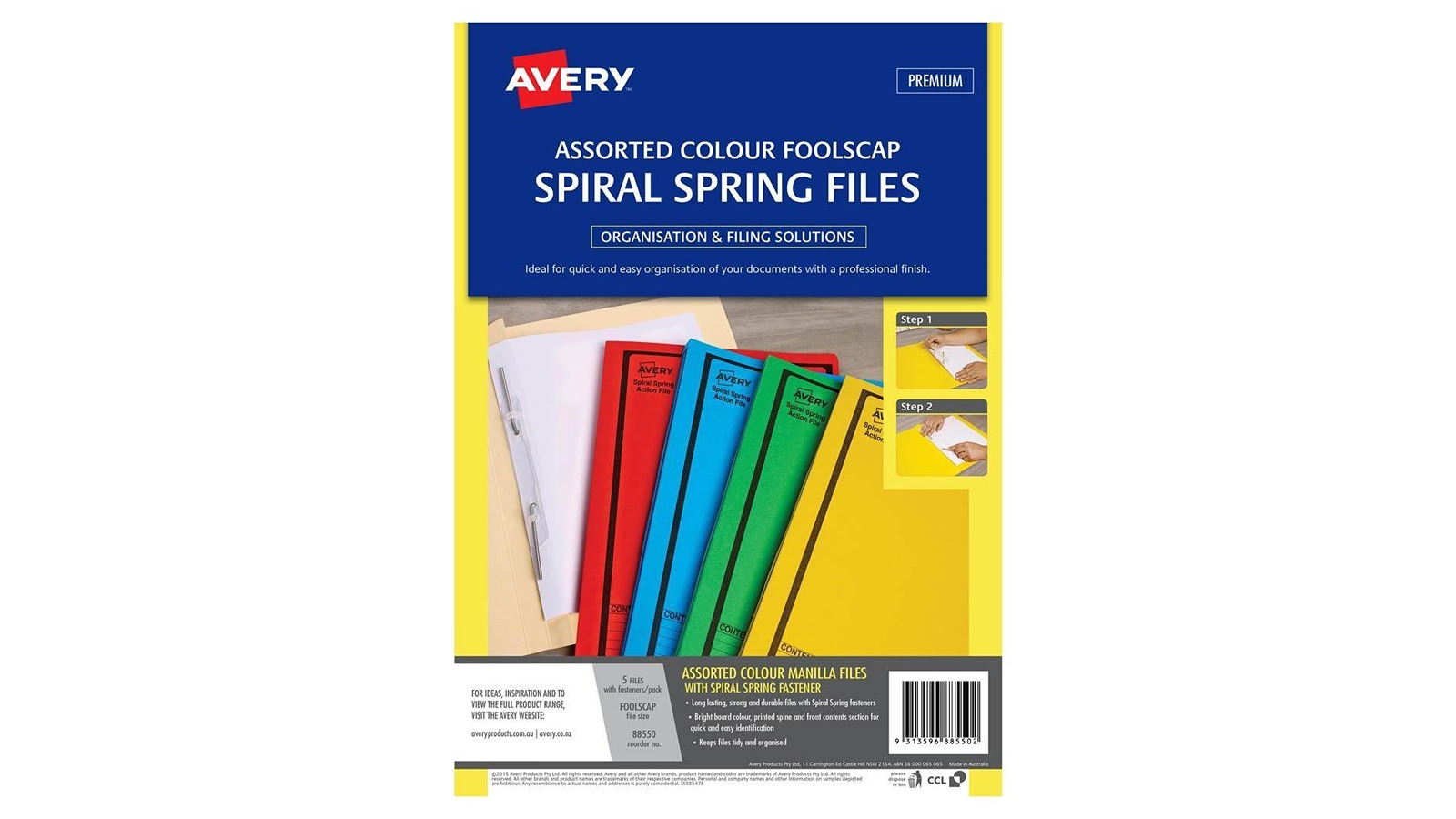 Avery 88550 Pack of 5 Assorted Colour Spiral Spring Action File ...