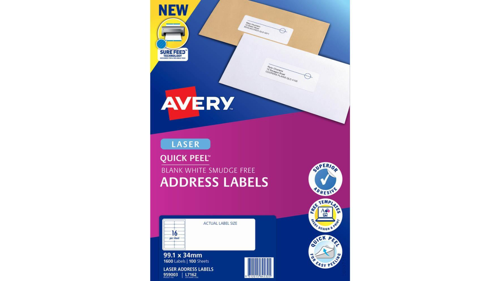 Avery Pack of 100 16Up Quick Peel Label with Sure Feed Laser - White ...
