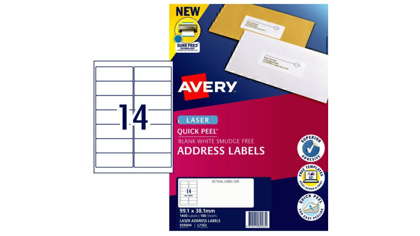 Avery Pack o 100 14/Page Quick Peel Label with Sure Feed Laser - White ...