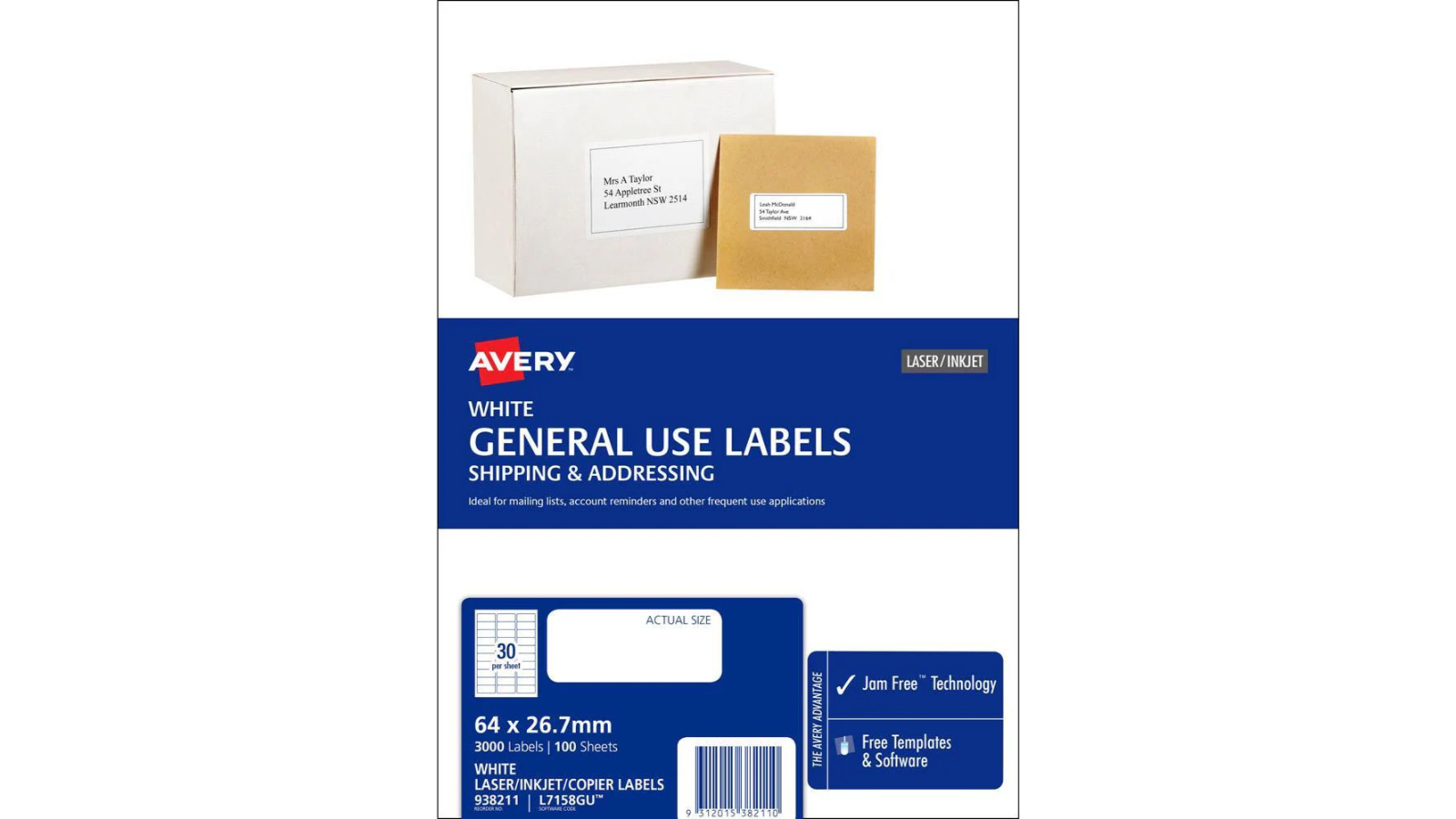 Avery 938211 30/Page White General Use Laser Copier Label - Pack of 100 ...