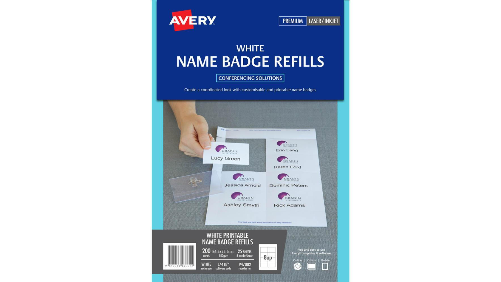Avery 947002 Pack of 200 White 8UP 150gsm Inkjet/Laser Name Badge Card ...