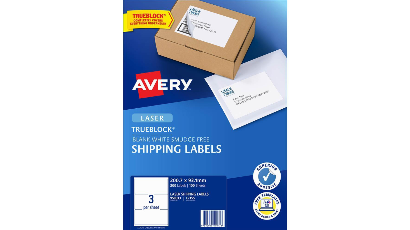 Avery Pack of 100 3Up Trueblock Shipping Laser Label - White | Harvey ...