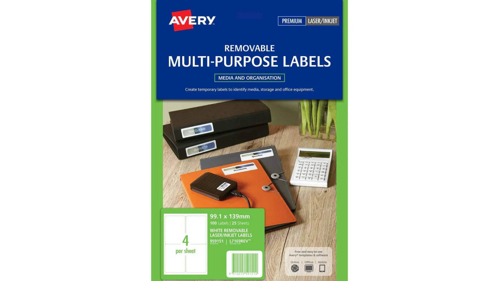 Avery 959151 L7169Rev Pack of 25 Removeable Multi-Purpose Label - White ...