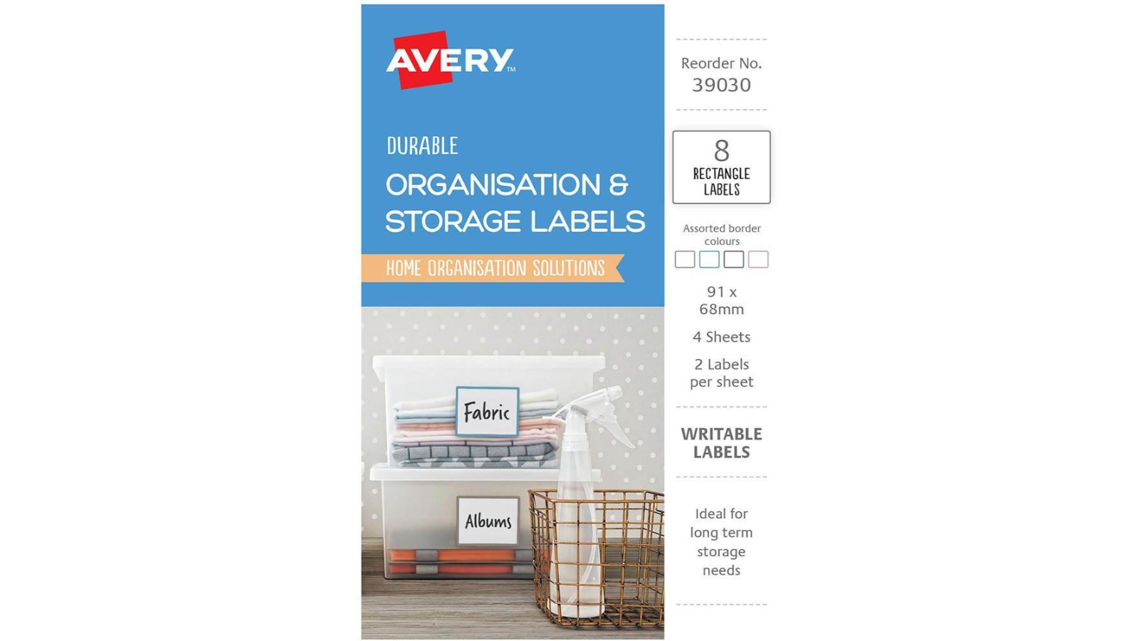 Avery 39030 Pack of 8 Organisation and Storage White Rectangle Label ...