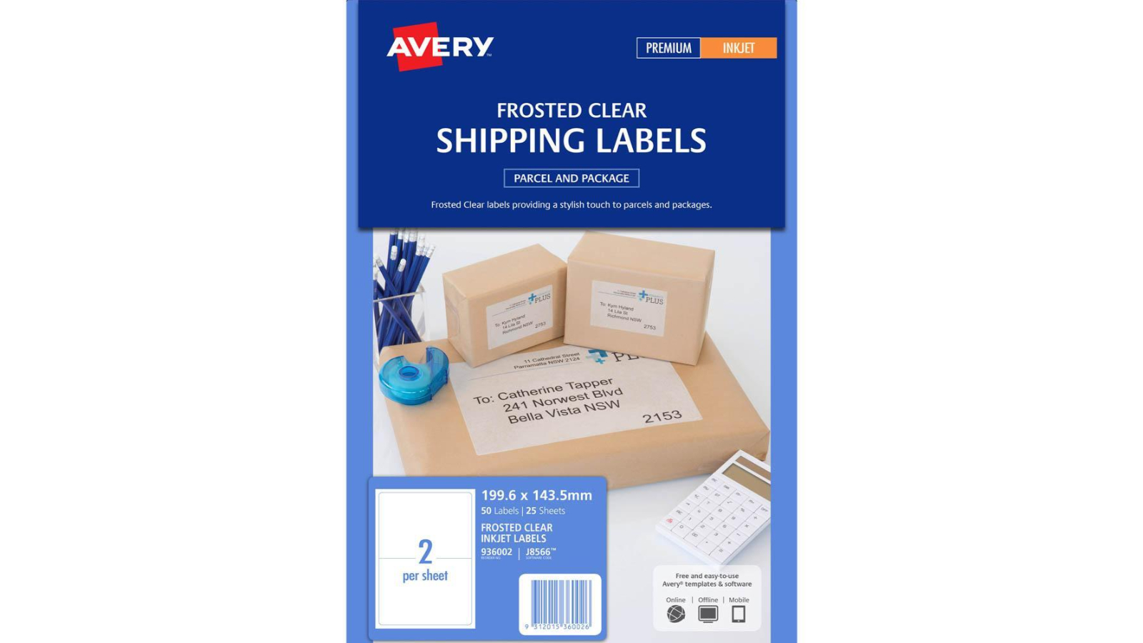 Avery Pack of 25 2Up Inkjet Shipping Label Frosted - Clear | Harvey Norman