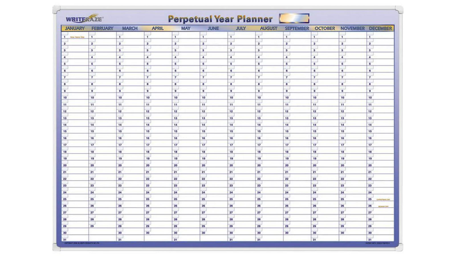Writeraze 700x1000mm Qc Perpetual Year Planner Any Year Whiteboard ...