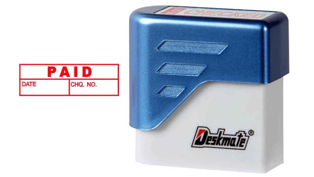 Deskmate Red Ink Pre-Inked Stamp - Paid Date Cheque Number Boxes ...