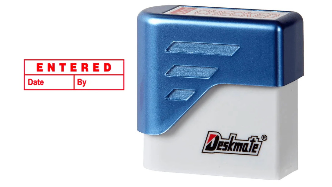 Deskmate Red Ink Pre-Inked Stamp - Entered Date By Boxes | Harvey Norman