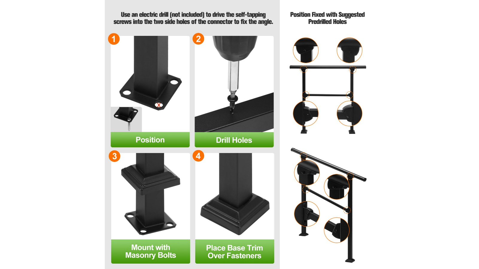Stair Handrail 1-2 Steps Black Metal Adjustable Safety Guard Kit for ...