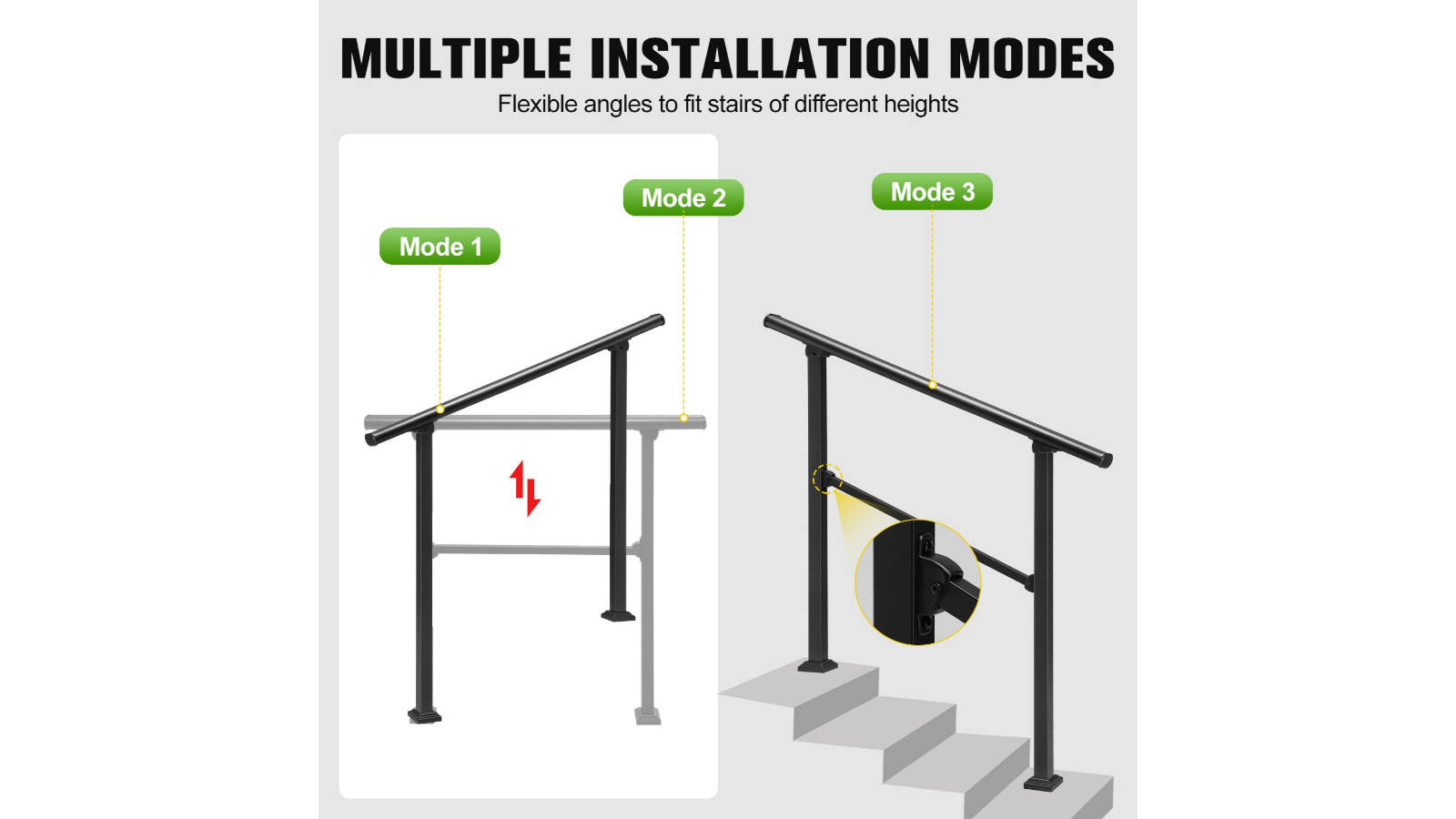 Stair Handrail 4-5 Steps Black Metal Adjustable Safety Guard Kit for ...