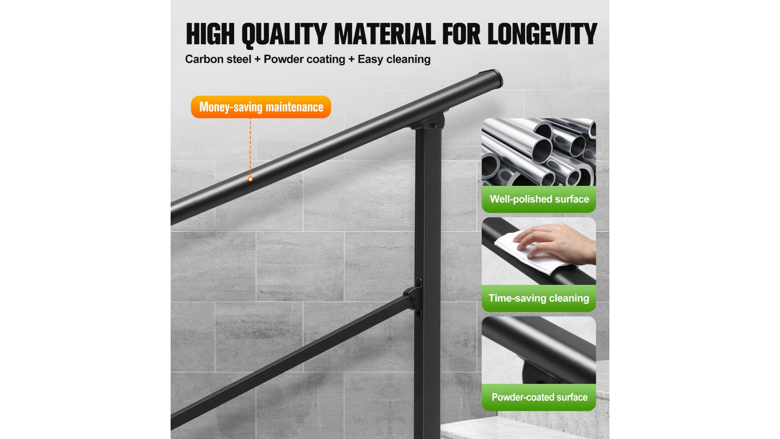 Stair Handrail 4-5 Steps Black Metal Adjustable Safety Guard Kit for ...