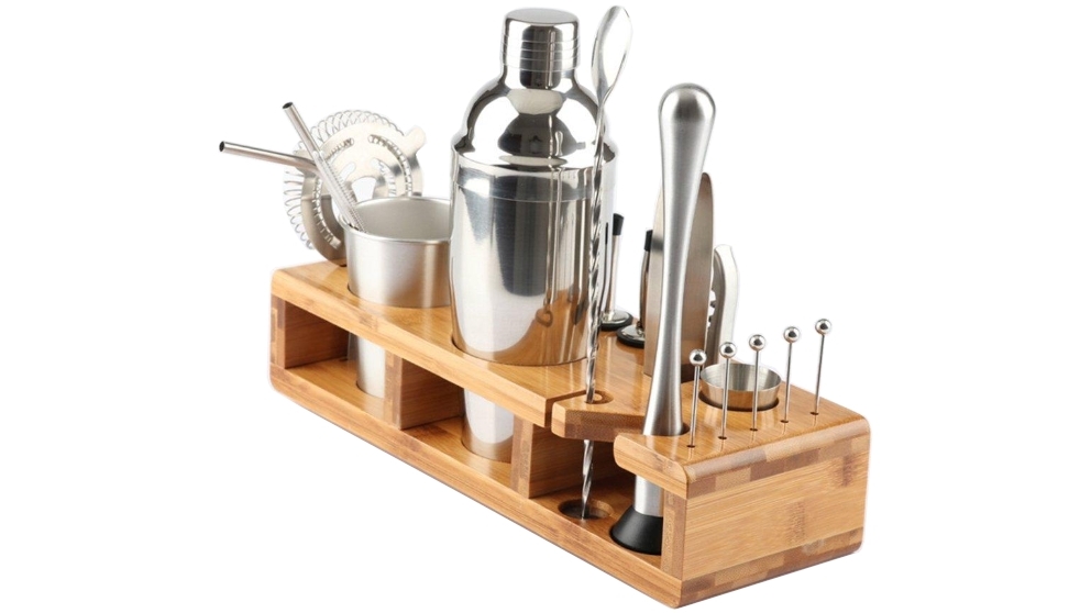 23 Piece Stainless Steel Cocktail Shaker Set with Wooden Rack - 350ml ...