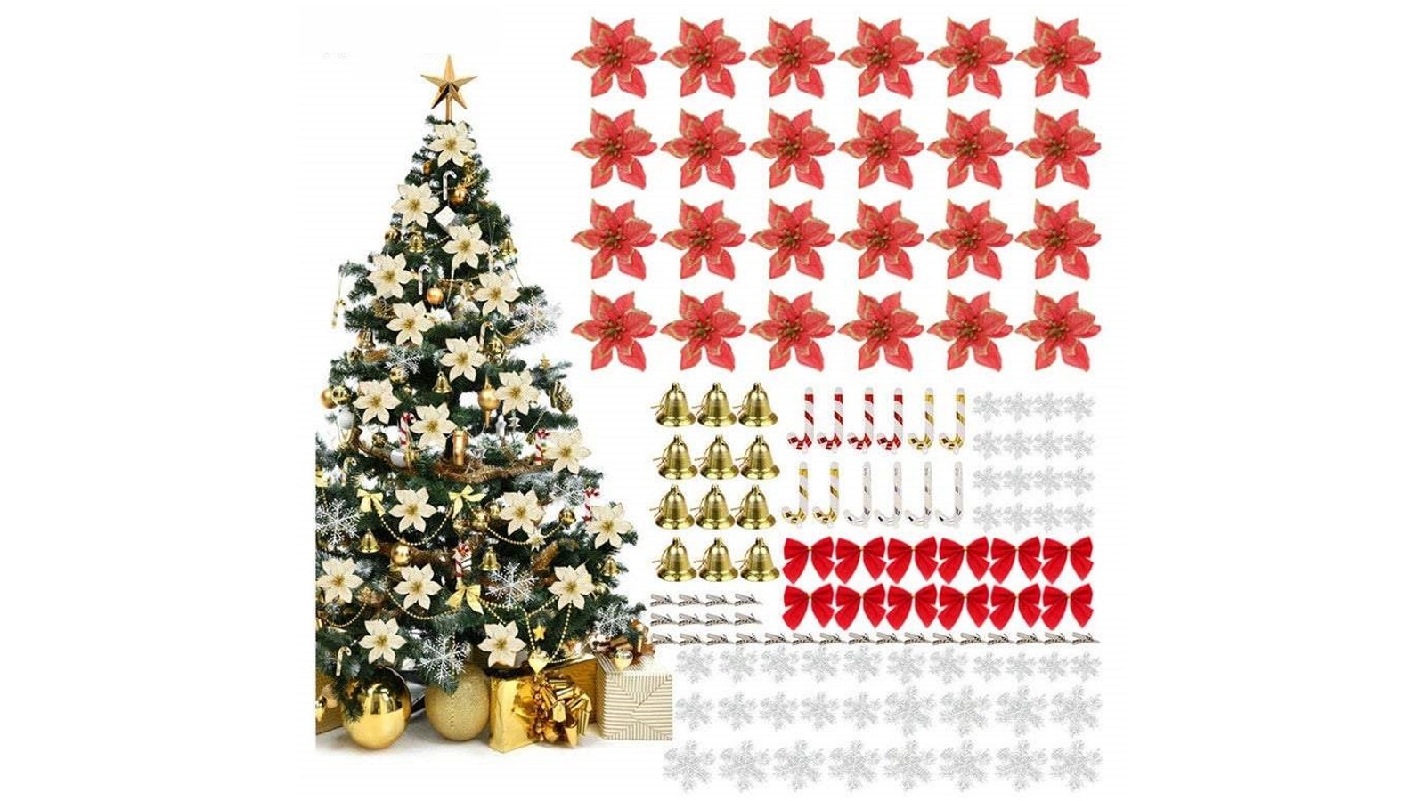 HOD Christmas Tree Decorations 120 Pieces Flowers Artificial - Red ...