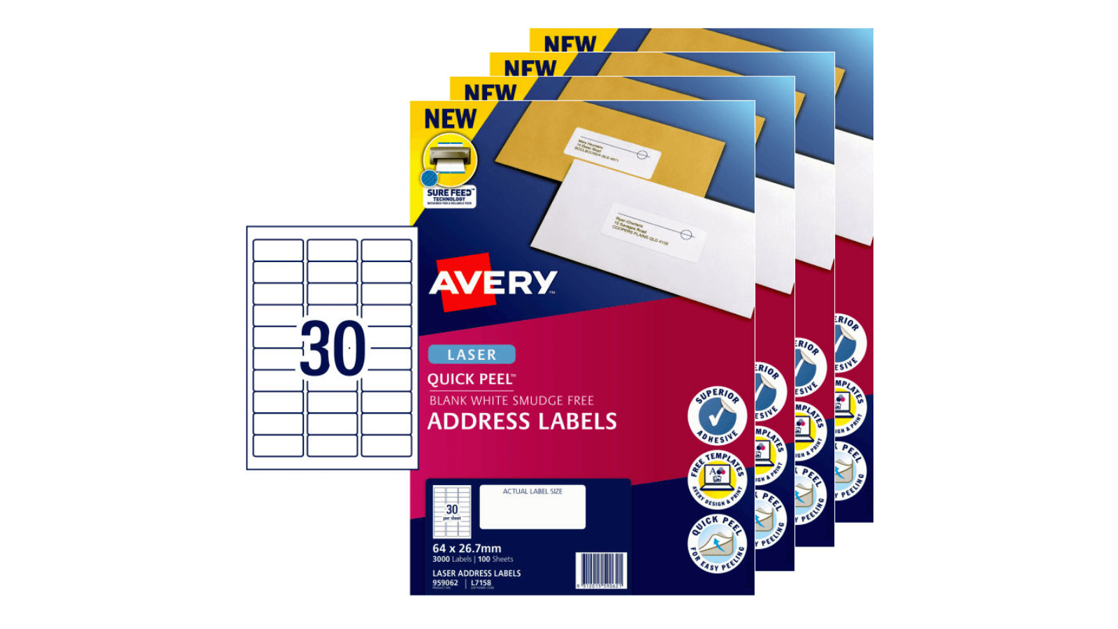 Avery 959062 Pack of 4 L7158 White 30/Page Sure Feed Laser Address ...
