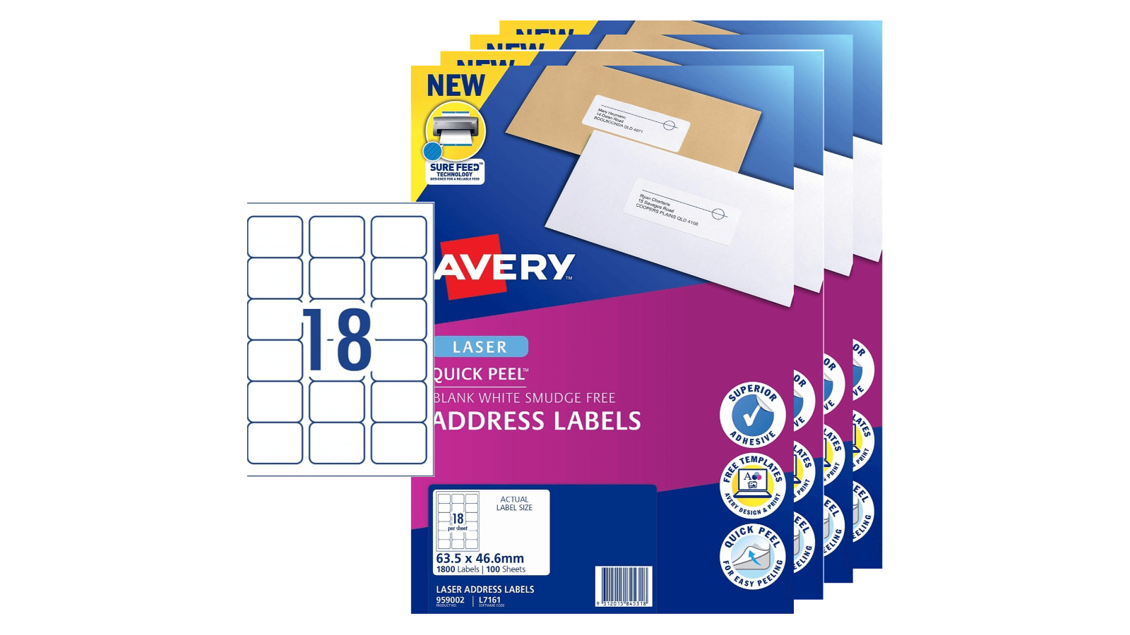 Avery 959002 L7161 100 Sheet White 18/Sheet Address Label Sure Feed ...