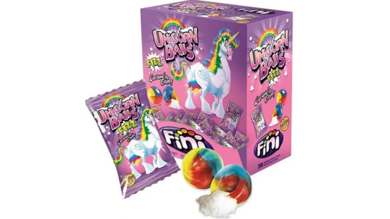 Fini Bulk Box Pack of 200 Unicorn Balls Caramelo Fizz Candy Lollies ...