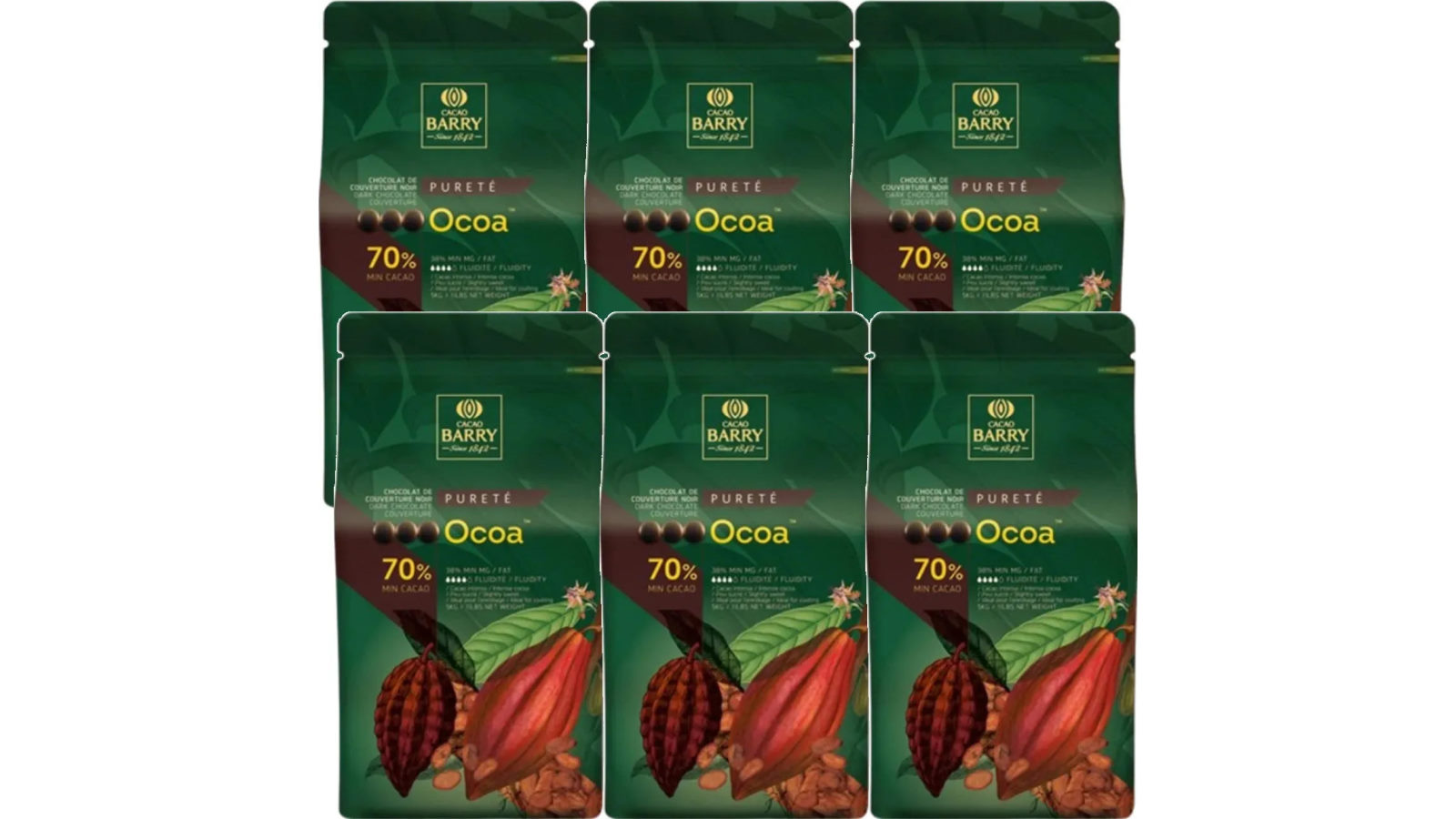 Cacao Barry Pack of 6 Bulk 1kg Ocoa Dark Couverture 70 Percent Pistols ...