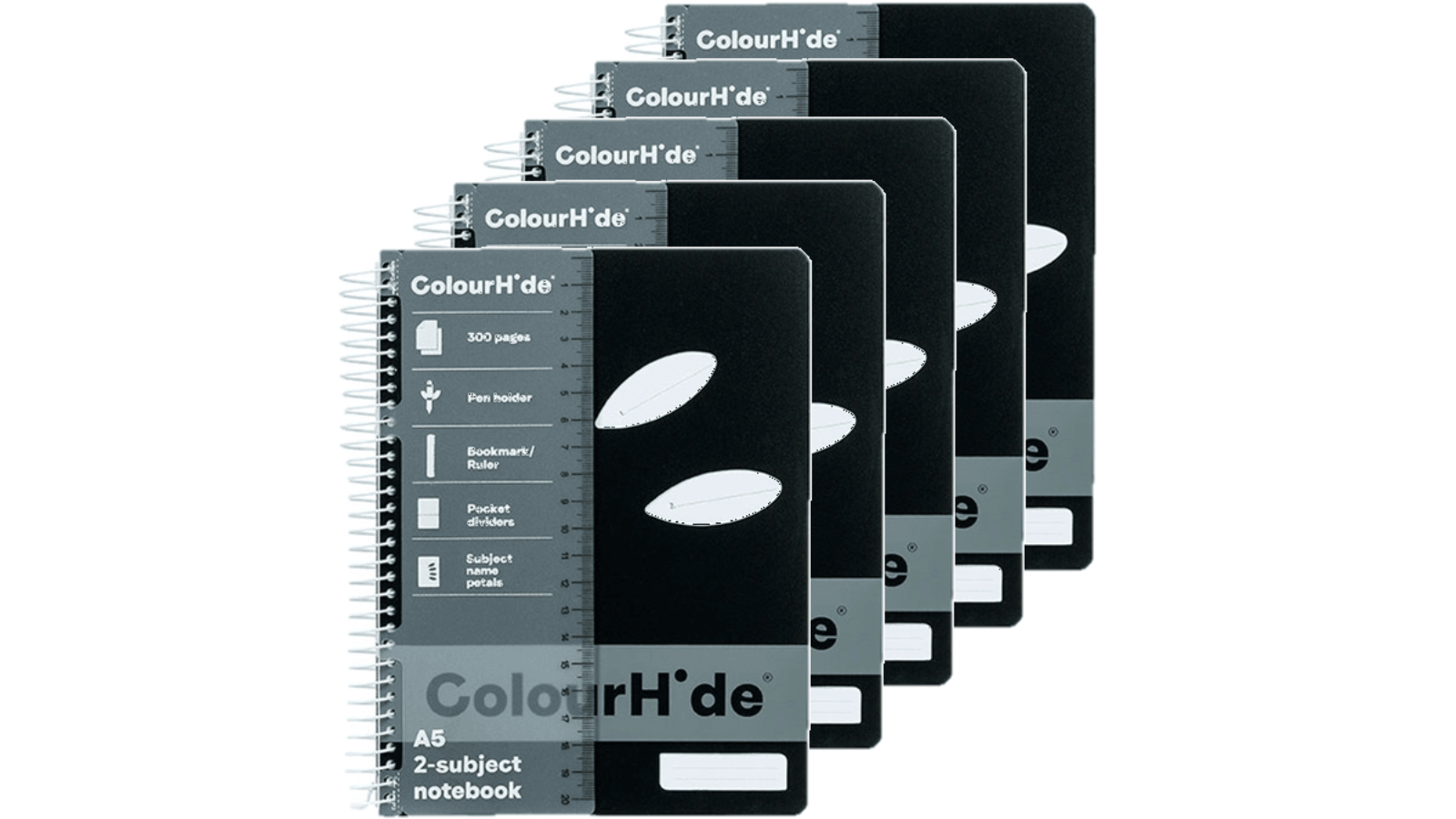 ColourHide Pack of 5 300 Page 2-Subject Notebook A5 - Black | Harvey Norman