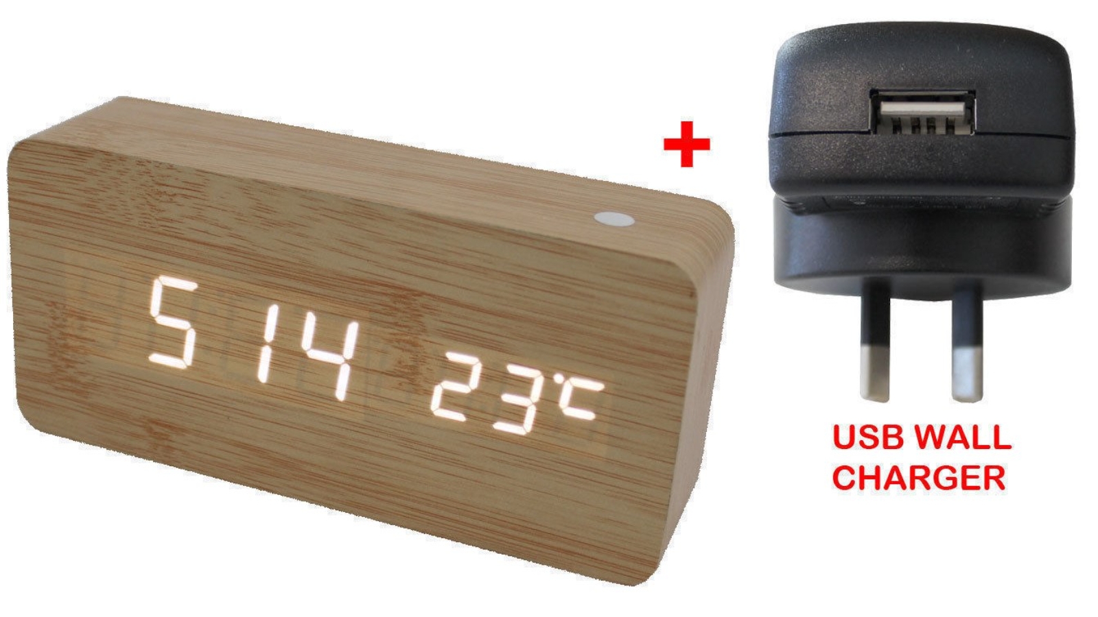 TODO White LED Wooden 3 Alarm Clock Temp Display with USB Wall Charger ...