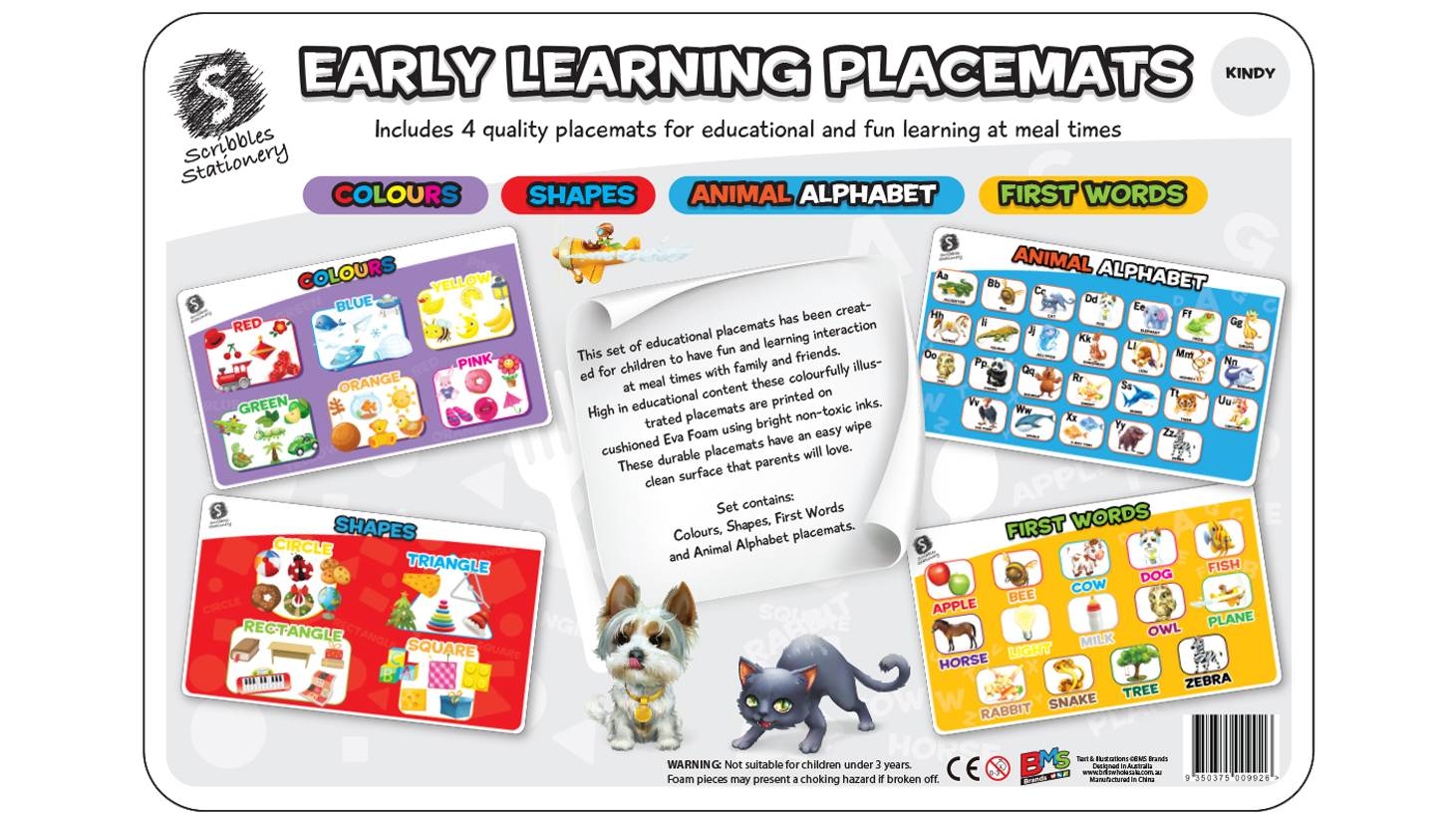 Kindy Early Learning 4 Pack Educational Placemats | Harvey Norman